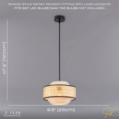 Natural Linen and Woven Rattan Pendant Ceiling Light with Black Trim ...