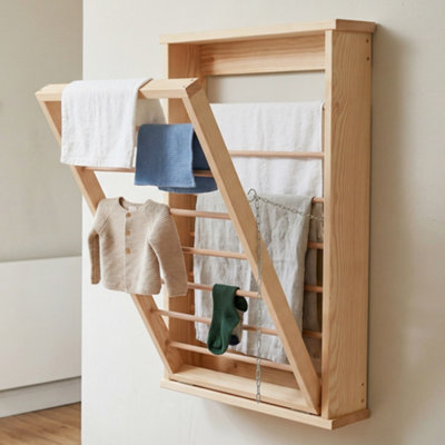 Natural Wall Mounted Wooden Clothes Drying Rack with Double side Rails ...