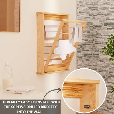 Natural Wall Mounted Wooden Clothes Drying Rack with Double side Rails ...