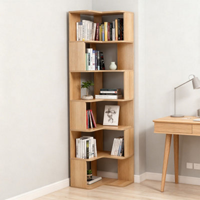 Natural Wood Color, Six-tier Wooden L-shaped Corner Shelf, 48cm (W) x ...