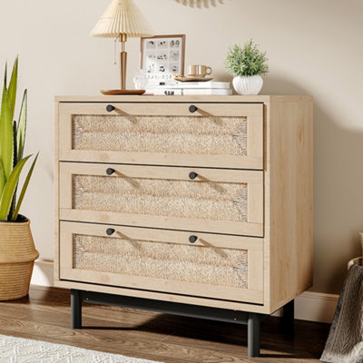 Natural Wooden Chest of Drawers 3 Large Drawer Storage Dresser 76cm H x 77cm W x