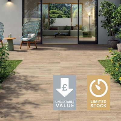 Nature Beige 20mm Porcelain Plank Paving Slabs 1200x300 Pack of 60 (19 ...