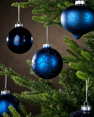 Navy Blue Glass Christmas Baubles, 6 Pack, 10 cm