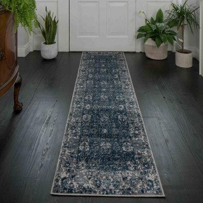 Navy Blue Grey Distressed Floral Medallion Bordered Runner Rug 60x240cm ...