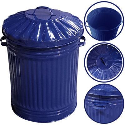 Navy Blue Metal Bin Retro Dustbin Rubbish Bin Waste Animal Feed Outdoor ...