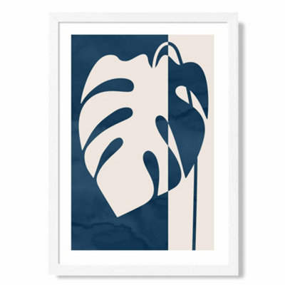 Navy Blue Monstera Mid Century Tropical Art Print with White Frame SIZE: A4