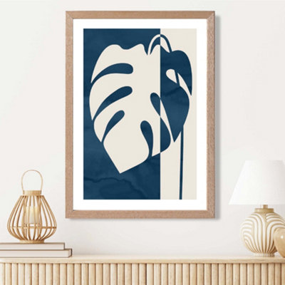 NAVY BLUE MONSTERA MID CENTURY TROPICAL FRAMED PRINT SIZE: A3 WITH OAK ...