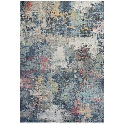 Navy Blue Multicoloured Abstract Distressed Soft Fireside Living Area ...