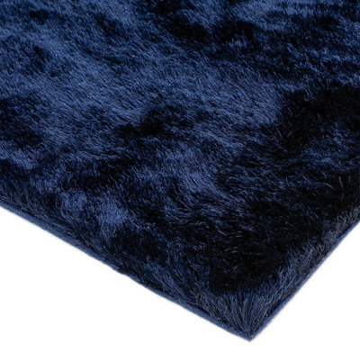Navy Blue Shaggy Handmade Modern Plain Sparkle Easy to Clean Rug For ...