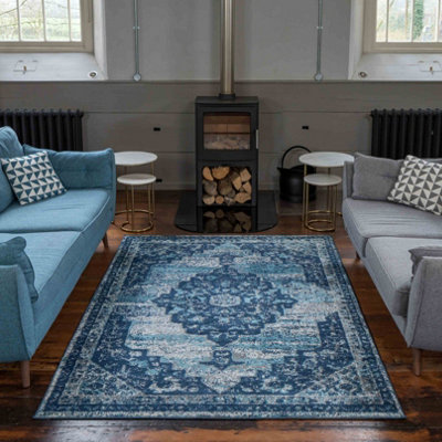 Navy Blue Traditional Medallion Area Rug 200x290cm