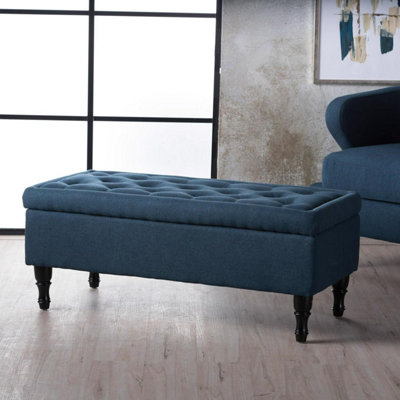 Navy Blue Upholstered Ottoman Storage Bench Padded Buttoned Seat