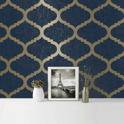 Buy Navy Blue Wallpaper Trellis Geometric Metallic Textured Gold ...
