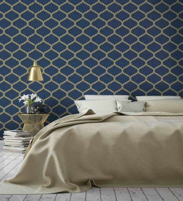 Buy Navy Blue Wallpaper Trellis Geometric Metallic Textured Gold ...