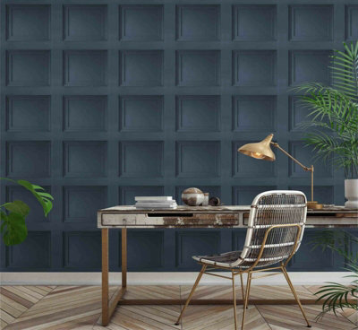 Navy Blue Wooden Panel 3D Effect Realistic Square Panelling Flat ...