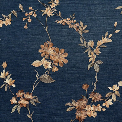 Navy Copper Floral Wallpaper Textured Embossed Metallic Paste The Wall ...