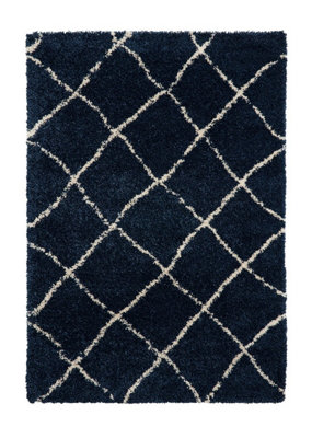 Navy Cream Shaggy Rug, Geometric Stain-Resistant Rug, 45mm Thick ...