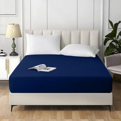 Navy Fitted Bed Sheets 40CM Deep Single & Super King Sizes Beds ...