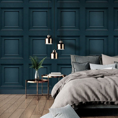 Navy Panel Effect Wallpaper 3D Wood Effect Smooth Matte Finish Oliana ...