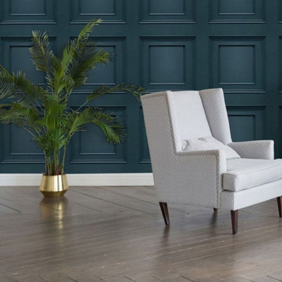 Navy Panel Effect Wallpaper 3D Wood Effect Smooth Matte Finish Oliana ...