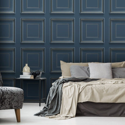 Navy Panel Effect Wallpaper Metallic Gold Realistic 3D Wood Effect Flat ...