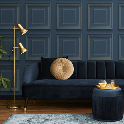 Navy Panel Effect Wallpaper Metallic Gold Realistic 3D Wood Effect Flat ...