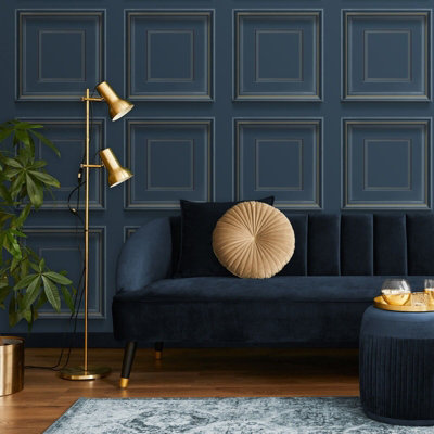 Navy Panel Effect Wallpaper Metallic Gold Realistic 3D Wood Effect Flat ...