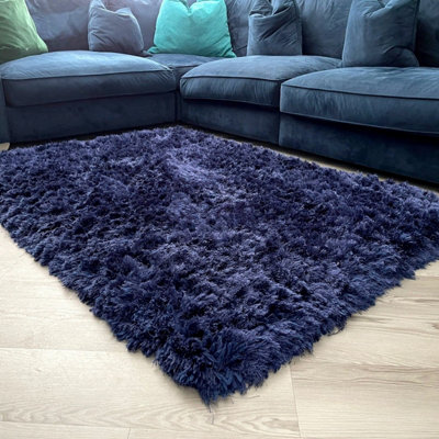 Navy Plain Shaggy Handmade Luxurious Sparkle Rug Easy to clean Living ...
