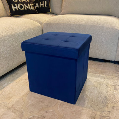 Navy Square Foldable Brushed Velvet Storage Box Pouffe Seat Ottoman