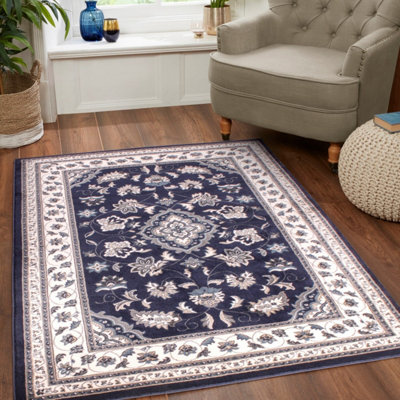 Navy Traditional Bordered Floral Easy to clean Rug for Dining Room Bed ...