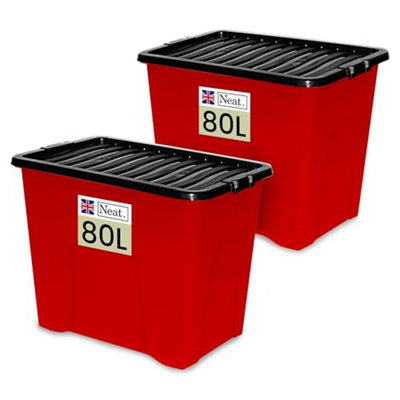 Neat. 80L Storage Boxes with Lids - Red Base & Black Clip Lid Ideal for ...