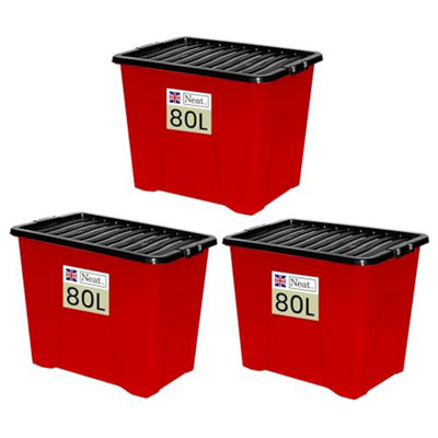 Neat. 80L Storage Boxes with Lids - Red Base & Black Clip Lid Ideal for ...