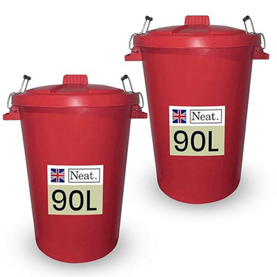 Neat. 90L Bin Coloured Large Plastic Bins, Heavy Duty- Red - Pack of 2