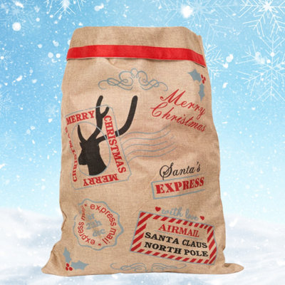Neel Blue Hessian Christmas Santa's Express Sack - 70cm x 50cm | DIY at B&Q