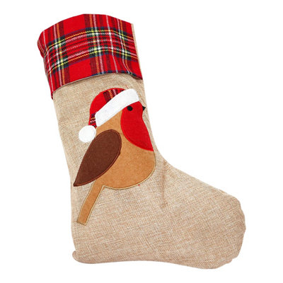 Neel Blue Hessian Christmas Stocking - Xmas Robin | DIY at B&Q