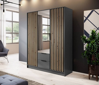 Nelly Contemporary Mirrored Hinged 3 Door Wardrobe Graphite 2 Drawers 8 ...