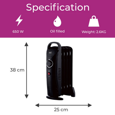 Neo 650W Oil Filled 5 Fin Electric Heater Radiator - Black
