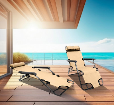 Neo Beige 2x Pair 2 In 1 Sun Lounger Outdoor Garden Chairs Zero Gravity ...