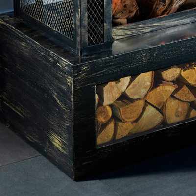 Neo Black Outdoor Fire Pit Log Burner With Mesh Surround and Storage