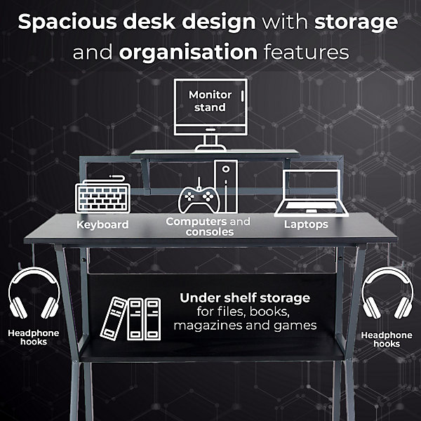 Neo Ergonomic 2 Tier Gaming Desk with Headphone Hook Monitor Stand & Shelf Neo Ergonomic 2 Tier Gaming Desk with Headphone Hook Monitor Stand & Shelf