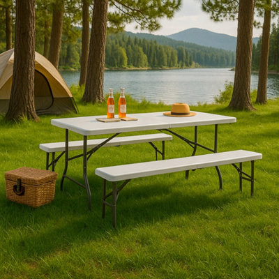 Neo Indoor Outdoor Garden Plastic Folding Table Bench Chairs Set