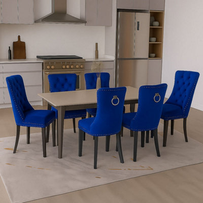 NEO MIDNIGHT BLUE STUDDED VELVET DINING CHAIRS WITH RING KNOCKER DETAIL X6