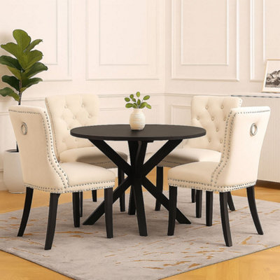 Neo Studded Natural Velvet Dining Chairs with Ring Knocker Detail x4