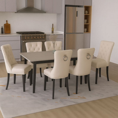 Neo Studded Natural Velvet Dining Chairs with Ring Knocker Detail x6