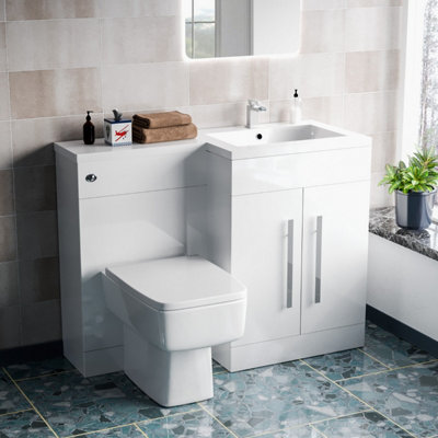 Nes Home 1100mm Right Hand Freestanding White Basin Vanity Unit with WC ...