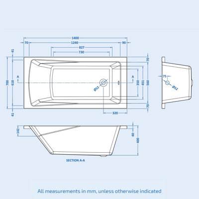 Nes Home 1400 x 700mm Square Single Ended Bath with Bath Leg