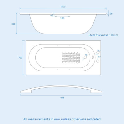 Nes Home 1500 x 700mm 2TH Steel Enamel Bath with Chrome Handles & Anti ...