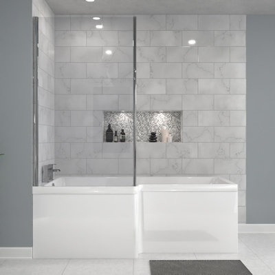 Nes Home 1700 x 850mm Left Hand L Shaped Shower Bath With Hinged Shower ...