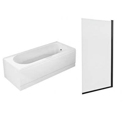 Nes Home 1700mm White Round Bath with Square Black Frame Bath Screen
