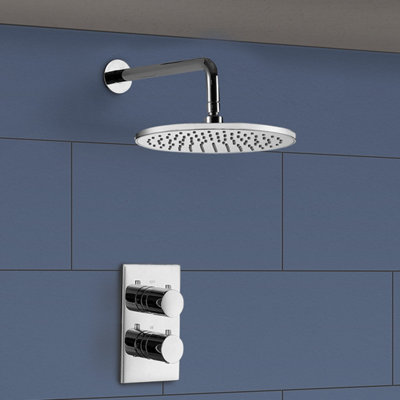 Nes Home 2 Dial 1 Way Thermostatic Mixer Valve Round Shower Arm & Round Gray Shower Head | DIY ...