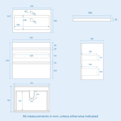 Nes Home 600mm 2 Drawers Handless Wall Hung Basin Vanity Cabinet Unit ...